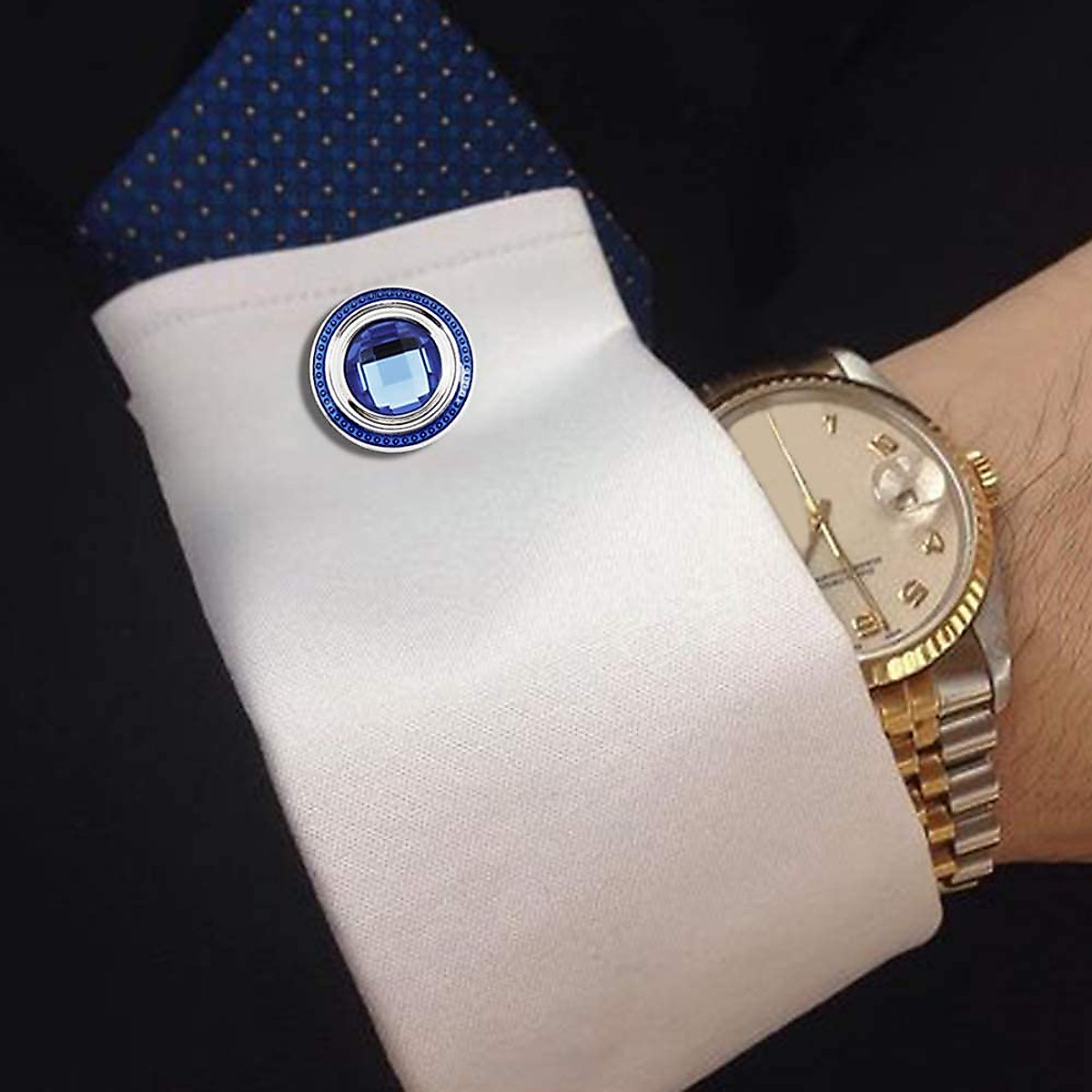 Crystal Cufflinks and Studs Sets for Men's Tuxedo Shirts with Gift Box - One Pair Cufflinks with 6 pcs Studs - Blue