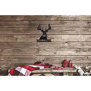 Welcome Whitetail Deer Buck Metal Wall Art Sign | Laser Cut | Black | Home Cabin Decor | Big Game Steel