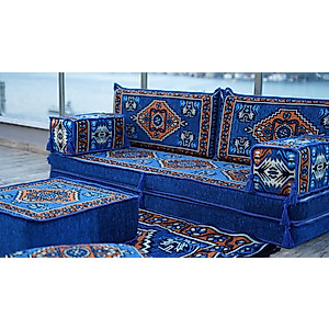 Royal Blue 8" Thickness Arabic Floor Sofa, Meditation Yoga Loveseat, Sectional Sofa, Arabic Majilis, Healing Room Floor Cushion, Sofa Covers (Sofa Full Set)