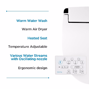 Blooming NB-R1260E Bidet Toilet Seat - Smart Toilet Seat with Stainless Steel Nozzle, Warm Water, Dryer, Heated Seat, Sittable Lid, LED Nightlight - White Elongated Attachment with Remote Control