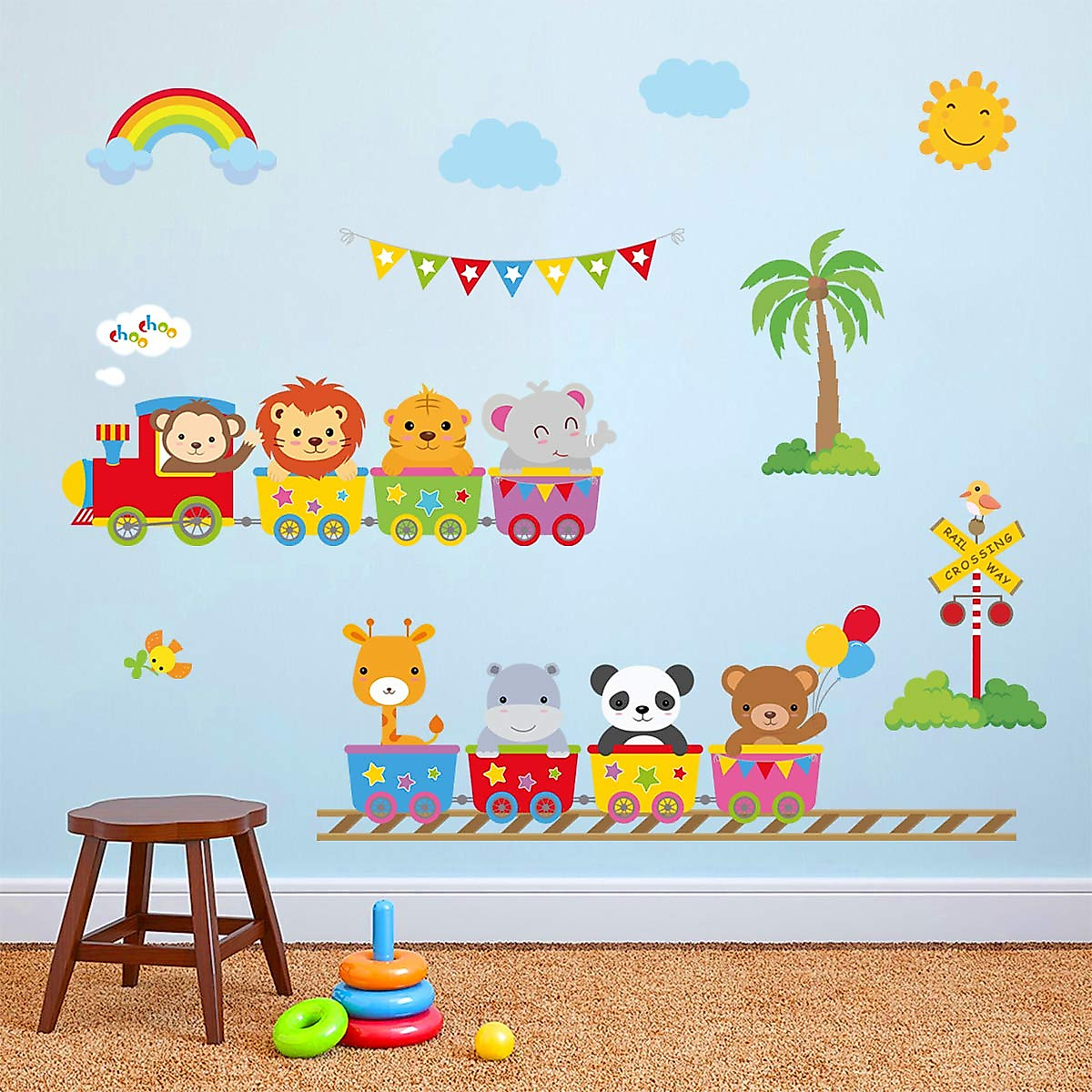 decalmile Animal Train Wall Decals Jungle Themed Wall Stickers Baby Nursery Kids Bedroom Wall Decor