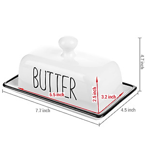 MyGift Retro Style White Ceramic Butter Dish with Lid, Countertop Butter Container with Black Rim and BUTTER Word Design