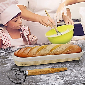 17 Inch Long Baguette Banneton Bread Proofing Basket and Linen Liner Set Premium Sourdough French Proofing Basket with Dough Whisk, Bread Lame and Blades Natural Rattan Bread Fermentation Bowls