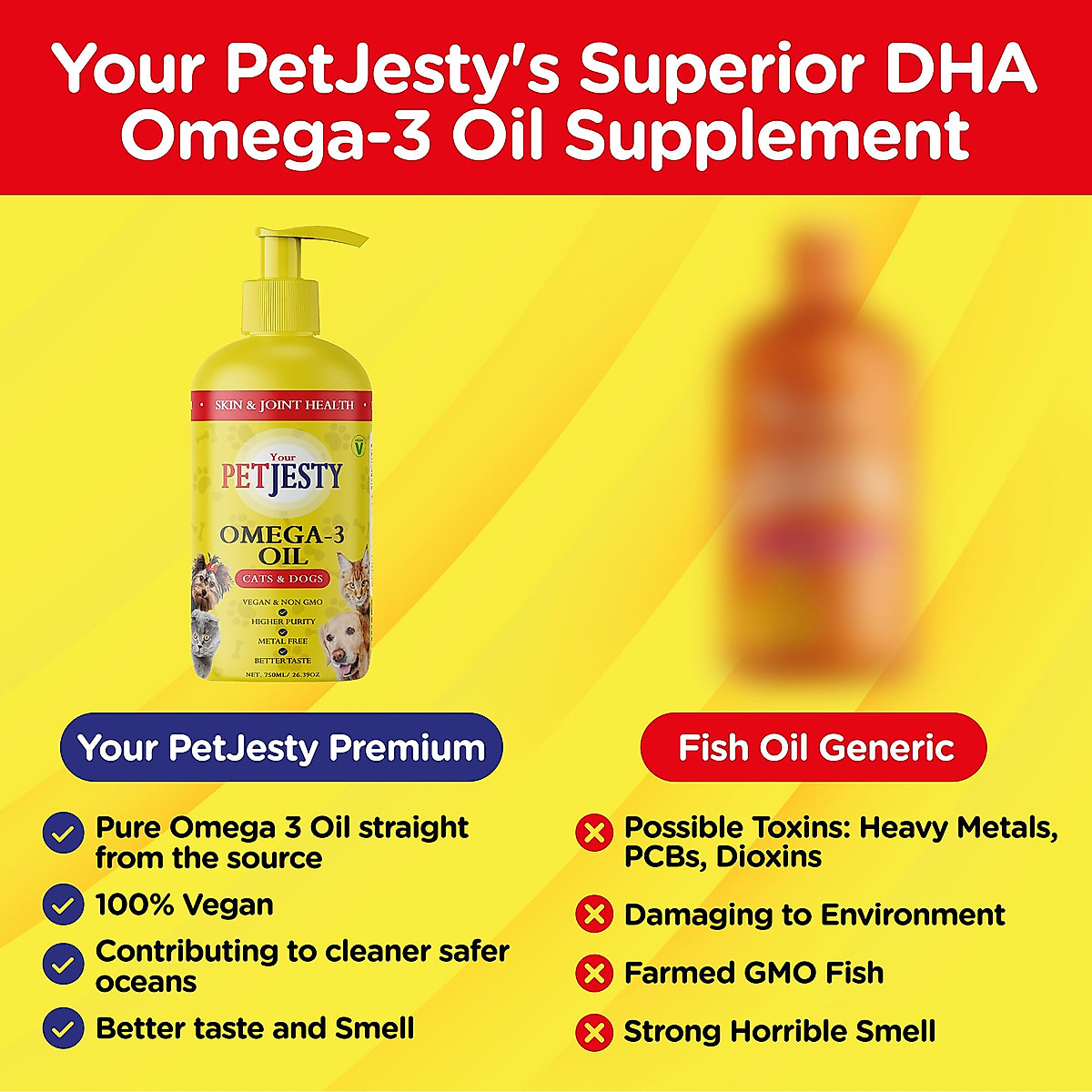 PetJesty Pure Omega 3 Oil for Dogs & Cats 26.39oz - Omega 3 Skin & Coat Support- Liquid Food Supplement for Pets - Vegan pet + DHA for Joint Function, Immune & Heart Health, Non Fish Oil Dog and Cat