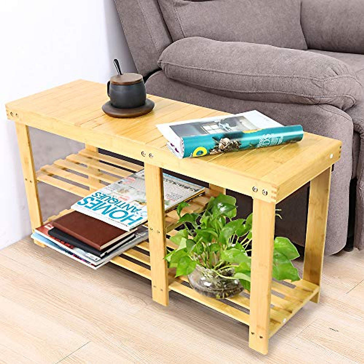 KKTONER Bamboo Shoe Rack Bench 3 Tier Entryway Shoe Storage Organizer Shelf Bamboo Bench with Shelves for Bedroom Living Room Kitchen Hallway(Natural Bamboo)