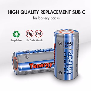 Tenergy NiMH SubC 1.2V 4200mAh, Flat Top Rechargeable Batteries, 10 Pack
