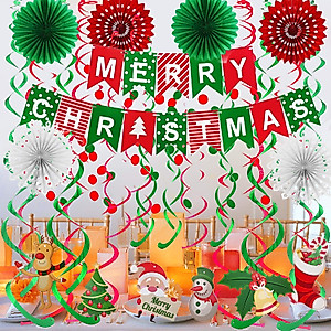 FECEDY Merry Christmas Banner Paper Fan Flower Circle Confetti Dots Hanging Garlandand Swirl Streamers Christmas Tree Christmas Snowman God Tang for Christmas Party Decoration