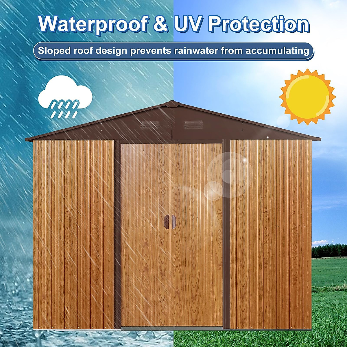LUSPAZ 6ft x 8ft Outdoor Metal Storage Shed with Metal Floor Base,Air Vent,Sliding Doors and Padlock Patio Shed All Accessory Included Easy to Assemble for Backyard