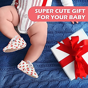 HONGTEYA Baby Moccasins with Rubber Sole&Soft Sole - Flower Print PU Leather Tassel Bow Girls Ballet Dress Shoes for Toddler (6-12Months, 12.5cm,5.5 M US Toddler, Strawberry)