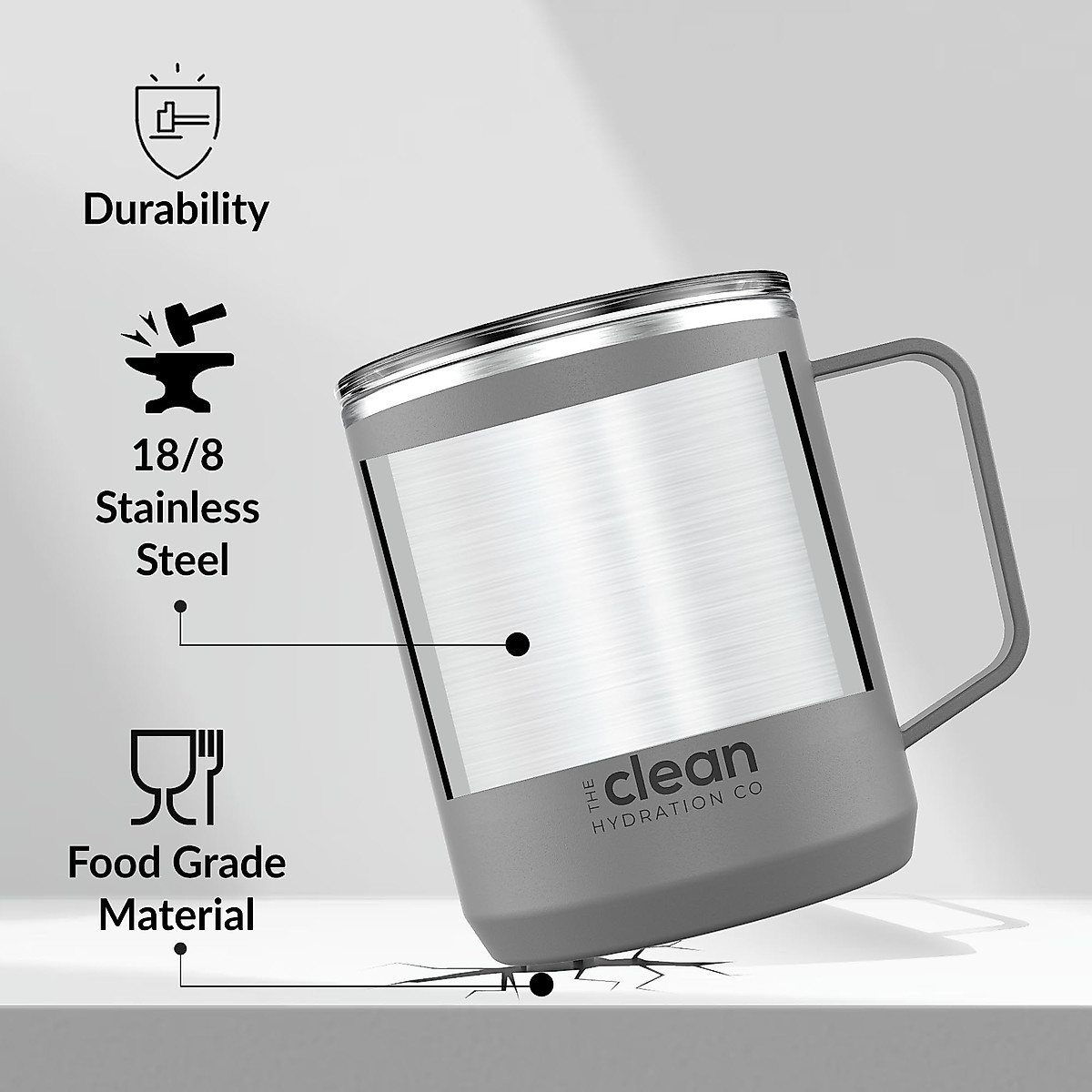 The Clean Hydration Company Insulated Coffee tumbler | Travel coffee mug | Ceramic Lined Tumbler | Iced Coffee Tumbler Cup with Lid | Double Wall Vacuum (Gray, Mug 12oz)
