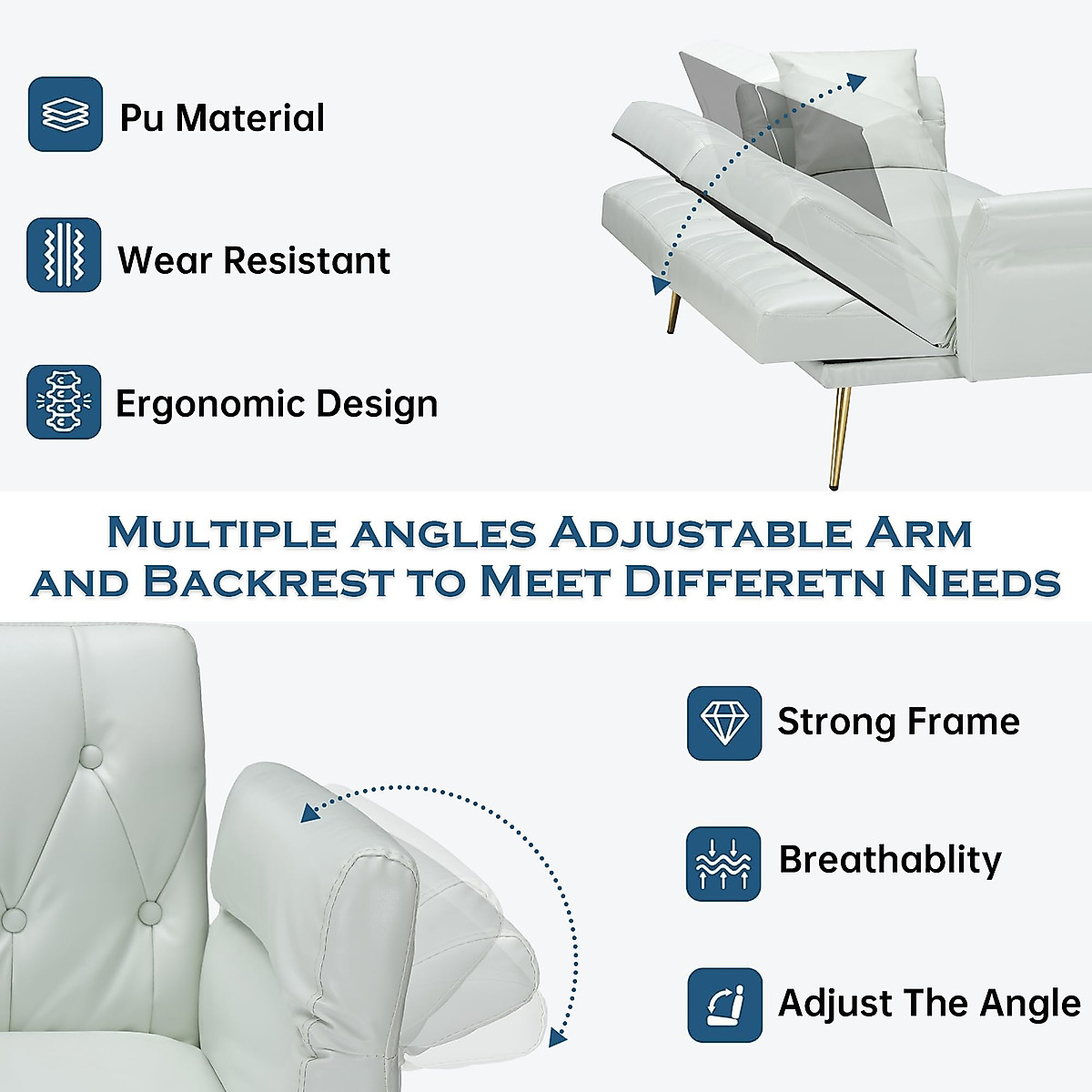 Jintop 67.71 Inch Waterproof Faux Leather Upholstered Sleeper Sofa-Bed and Adjustment Armres,Tuffed Button Couch Chaise w/Metal Legs & Pillows,for Dorm,Apartment,Studio,White, 67.71"