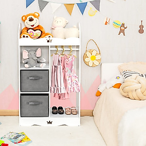 Costzon Kids Dress up Storage Wardrobe, Toddler Armoire Dresser Wardrobe W/Mirror & Cloth Hanger, Cute Crown Patterns, Pretend Costume Closet Toy Organizer, Perfect for Kids Bedroom, Playroom (White)
