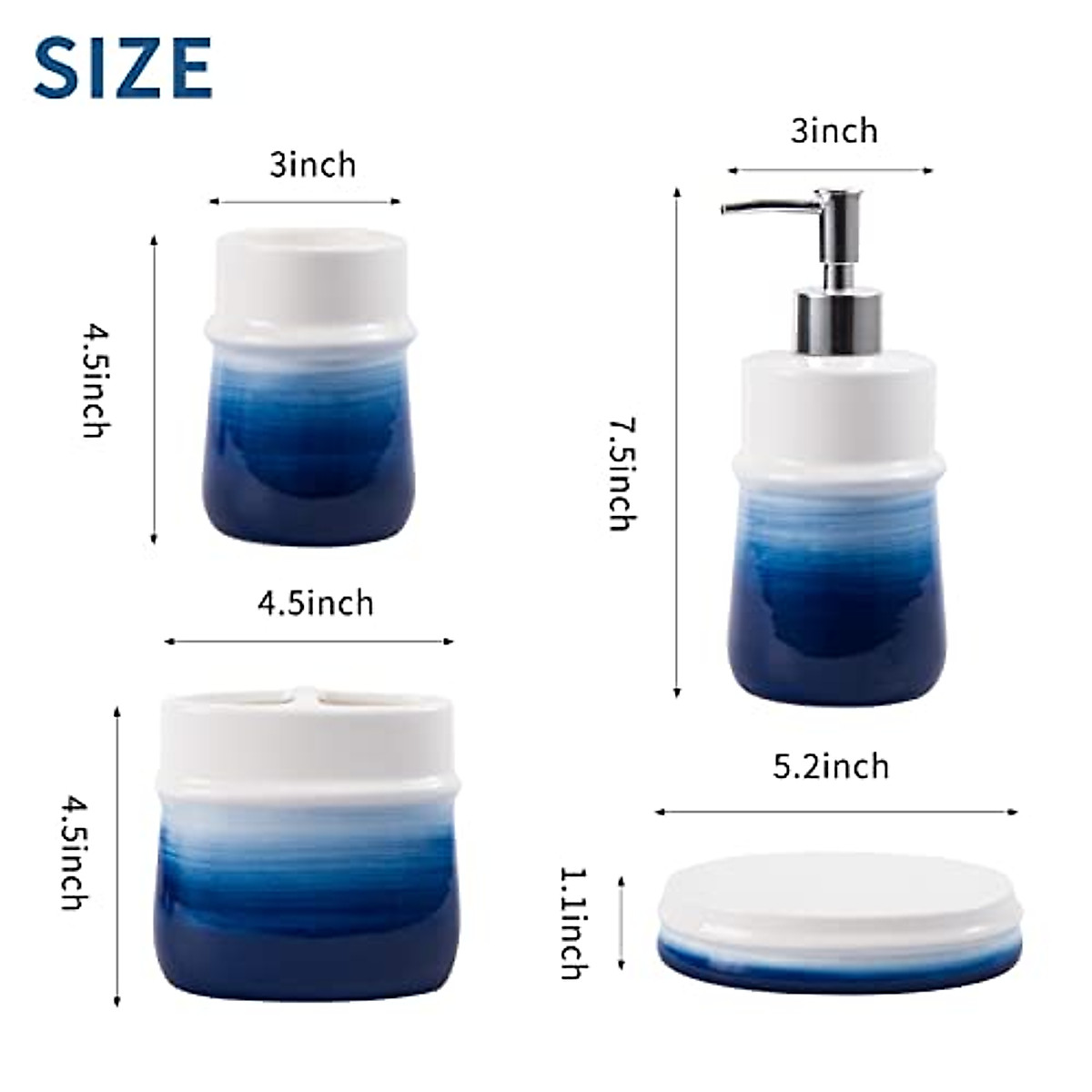 RZCNC Navy Blue Bathroom Accessories Set, 4-Piece Blue Ceramic Bathroom Decorations Accessories Set,Contain Toothbrush Cup,Soap Dispenser,Soap Dish,Tumbler