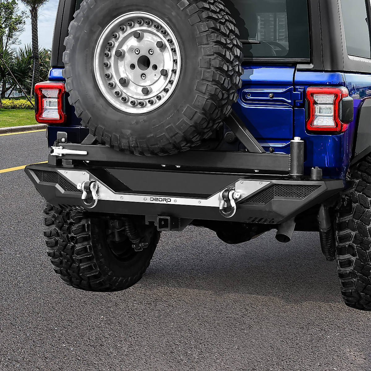 OEDRO Rear Bumper w/Tire Carrier Compatible for 2018-2025 Jeep Wrangler JL & Unlimited JLU (2/4 Doors), Full Width Back Bumper w/Hitch Receiver & D-Rings & Reflective Armor