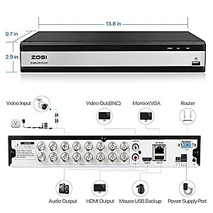 ZOSI H.265+ 16Channel Full 1080P Video Security DVR Recorder with 2TB Hard Drive,16CH Hybrid 4-in-1 Surveillance CCTV DVR for 960H/CVI/TVI/AHD Home Security Cameras system,Remote View,Motion Detection