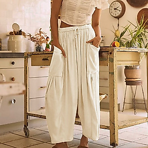 Hixiaohe Women's Casual Cotton Linen Lantern Pants Baggy Elastic Waist Drawstring Pleated Relax Fit Trousers with Pockets(Apricot,XL)