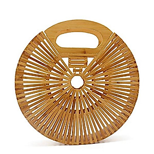 Miuco Women Bamboo Top-Handle Handbags Round Straw Beach Tote Bag Small