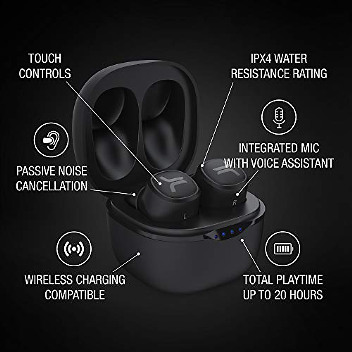 WeSC True Wireless Headphones, Bluetooth Earphones with LED Wireless Charging Case, 20Hrs Playtime, Touch Control, IPX4 Water Resistant Earbuds - Black