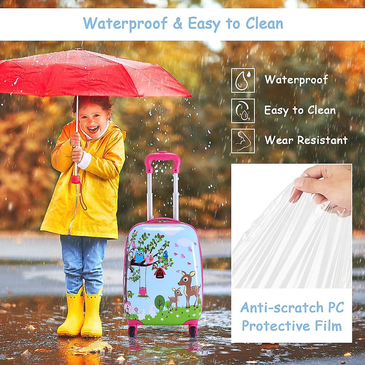 HONEY JOY Kids Luggage, 12” Travel Backpack & 16” Hard Shell Toddler Suitcase, Children Rolling Luggage with Wheels, Retractable Handle & 4 Casters, 2Pcs Carry On Luggage Set for Boys Girls(Deer)