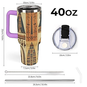 LLUTSNTH 40 Oz Vacuum Tumbler with Violet Handle Leakproof Insulated Tumbler Ancient Egypt Tribe Series Stainless Steel Travel Mug with Lid And Straw Coffee Cup Cute Water Bottles Cup Holder Friendly