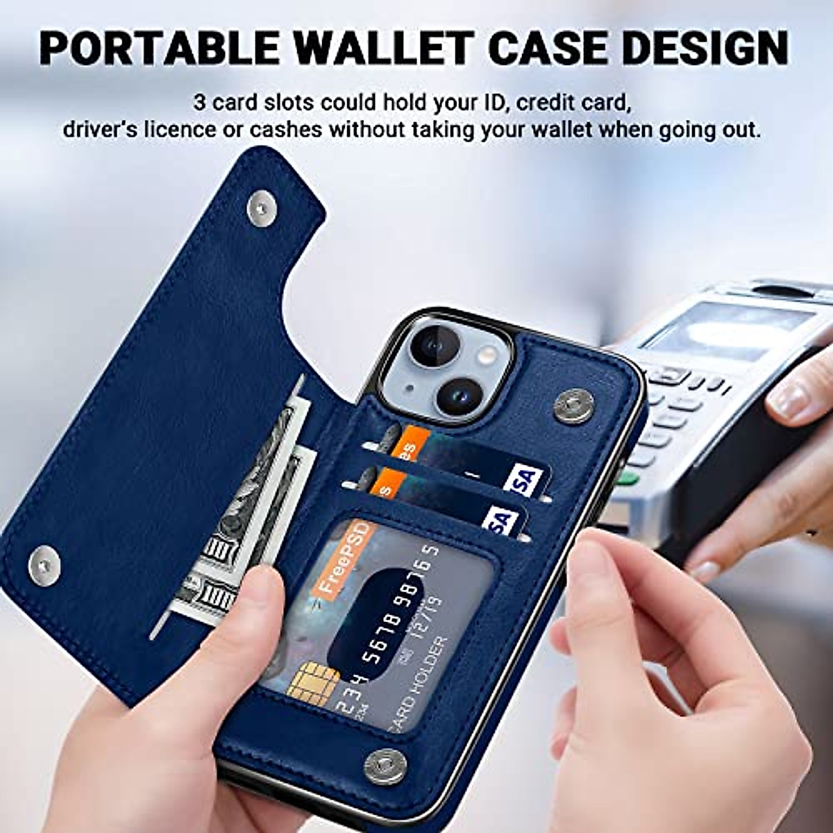 iMangoo for iPhone 14 Case Wallet Credit Card Holder Slots Kickstand, iPhone 13 Flip Cases PU Leather Cash Pocket for Men Women Double Magnet Clasp Protective Phone Cover for iPhone 14 13 6.1" Blue