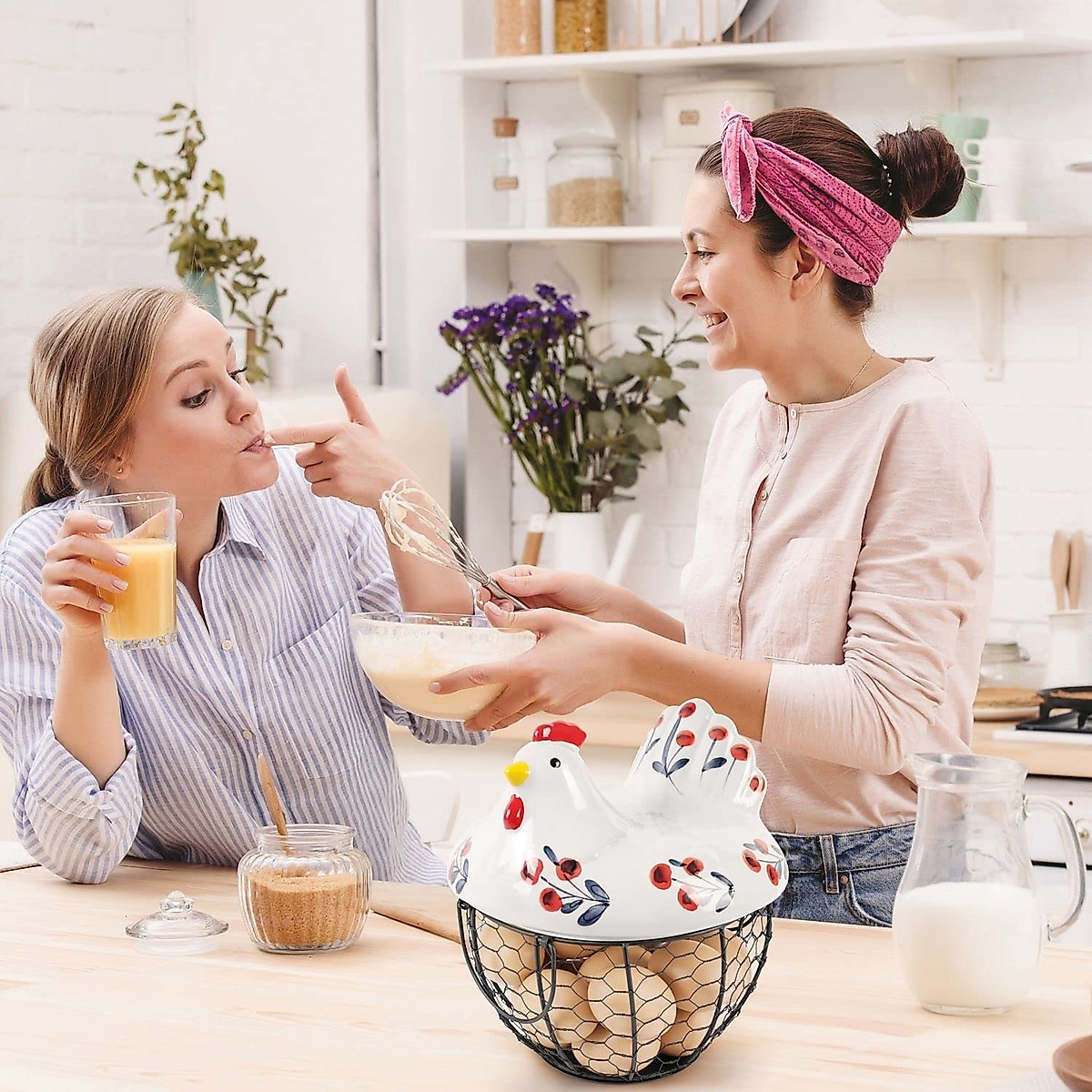 Flexzion Chicken Egg Basket - Wire Chicken Egg Basket with Ceramic Chicken Cover and Handles - Rustic Country Farmhouse Decor Countertop Egg Holder, Rustic Cherry