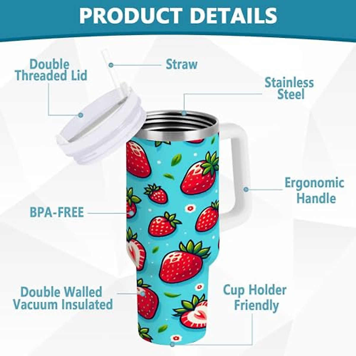 Jihqo Cute Strawberry Red Blue 40 oz Stainless Steel Vacuum Insulated Tumbler with Handle and Straw Lid, Leakproof Water Bottle Double Wall Travel Mug Coffee Cup, Cupholder Friendly