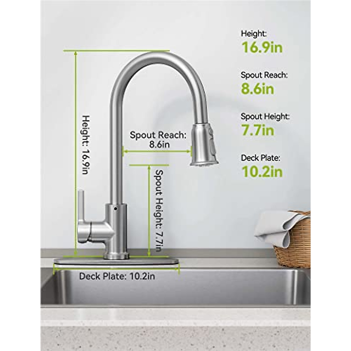 Kitchen Faucet, REXMEO Premium with 9 Min Installation Kitchen Sink Faucet with Pull Down Sprayer for Kitchen Sink, Three Mode Single-Handle High Arc Brushed Nickel Stainless Steel Faucet Space Silver