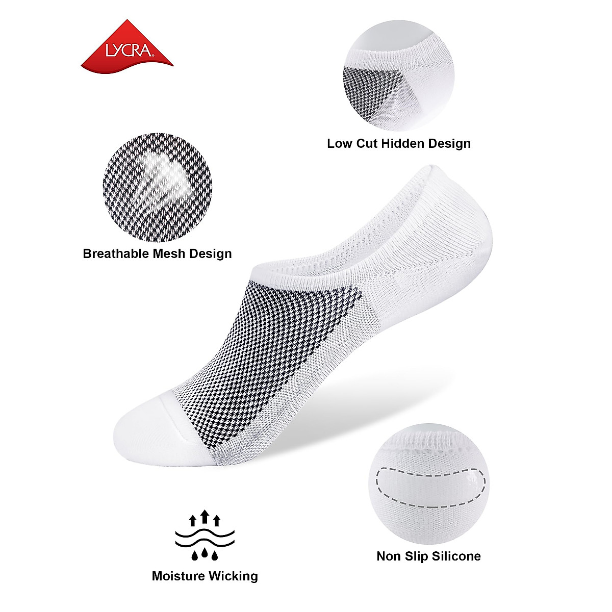 SIXDAYSOX Socks for Men No Show 8 Pairs Size 9-11 White Mesh Knit Low Cut Ankle Socks with Non Slip Grid for Flat Loafer Sneakers