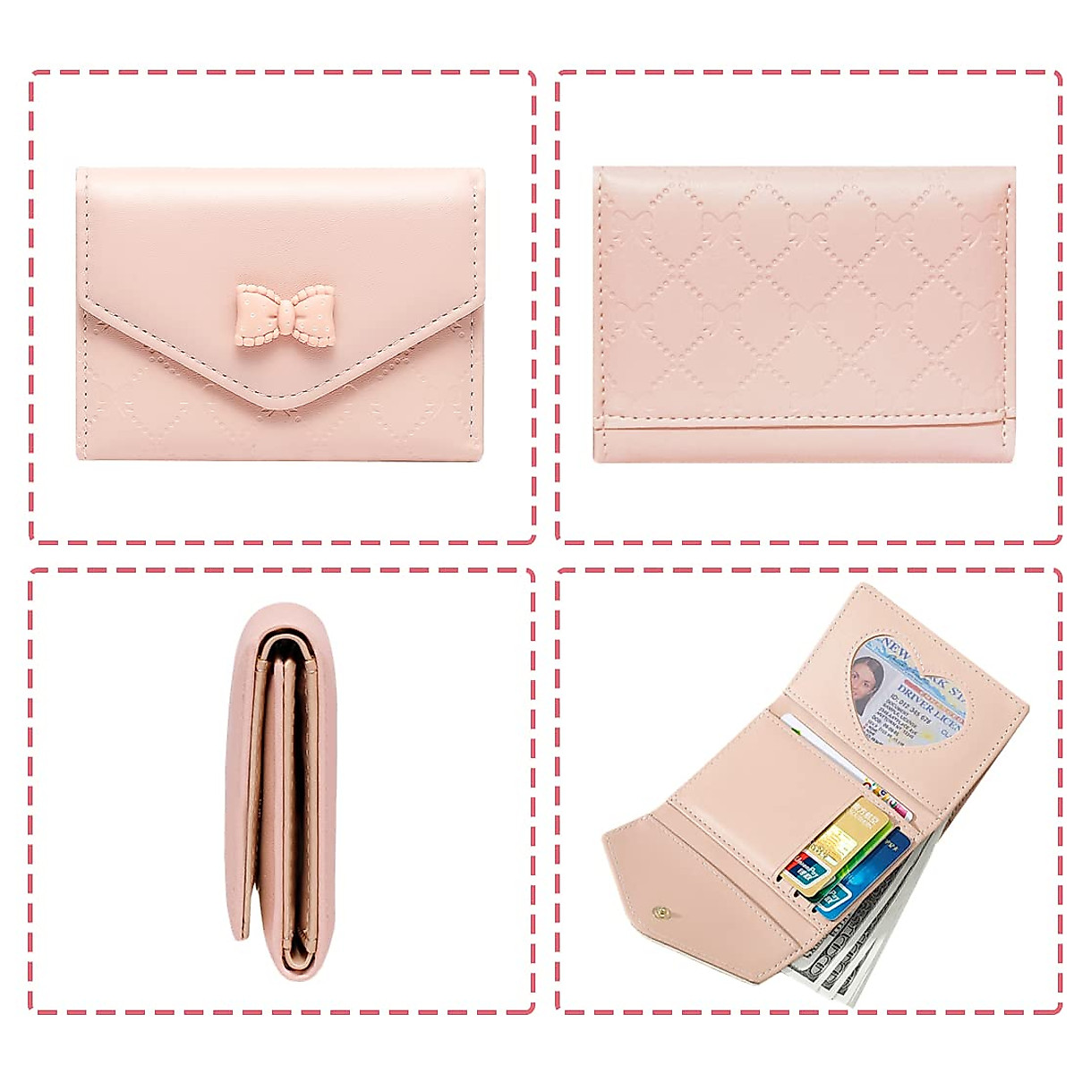 Sunwel Fashion Trendy Bow Small Bifold Wallet with Cash Credit Card Holder ID Window for Women Girls