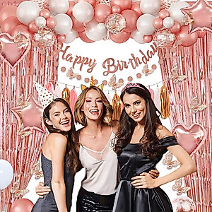 Rose Gold Birthday Party Decorations Kit for Women 73 Pieces, Happy Birthday Banner, Fringe Curtains, Butterfly Decor, Foil Balloons for 13th 16th 20th 21st 30th 35th 50th 60th Girls Men Party Supplies