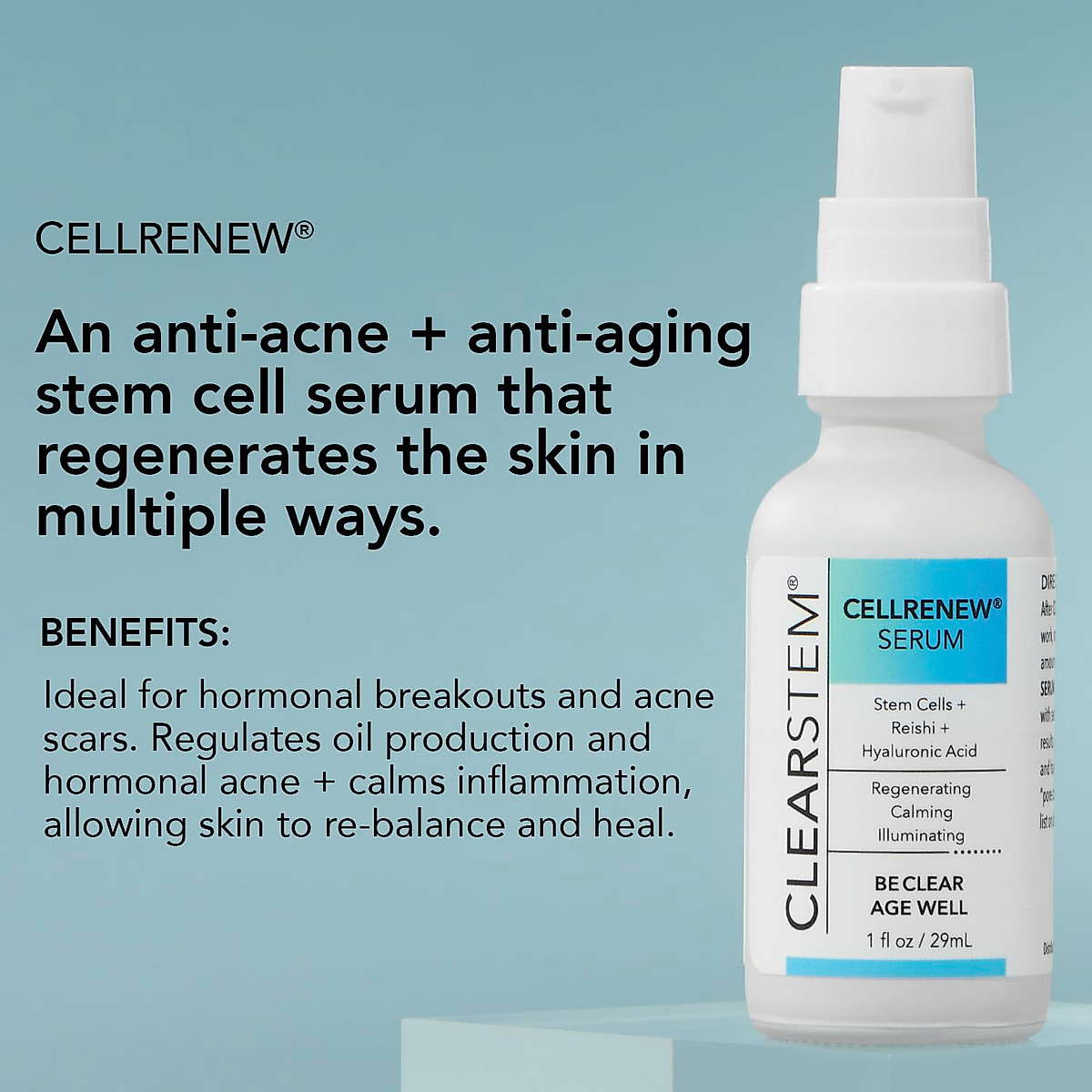 CLEARSTEM - CELLRENEW - Collagen Stem Cell Serum - Acne + Youthful Skin Face Serum - Hyaluronic Acid, Reishi, Aloe Vera - Facial Skin Care Products - Vegan, Gluten Free, Cruelty Free - 1 fl oz / 29ml