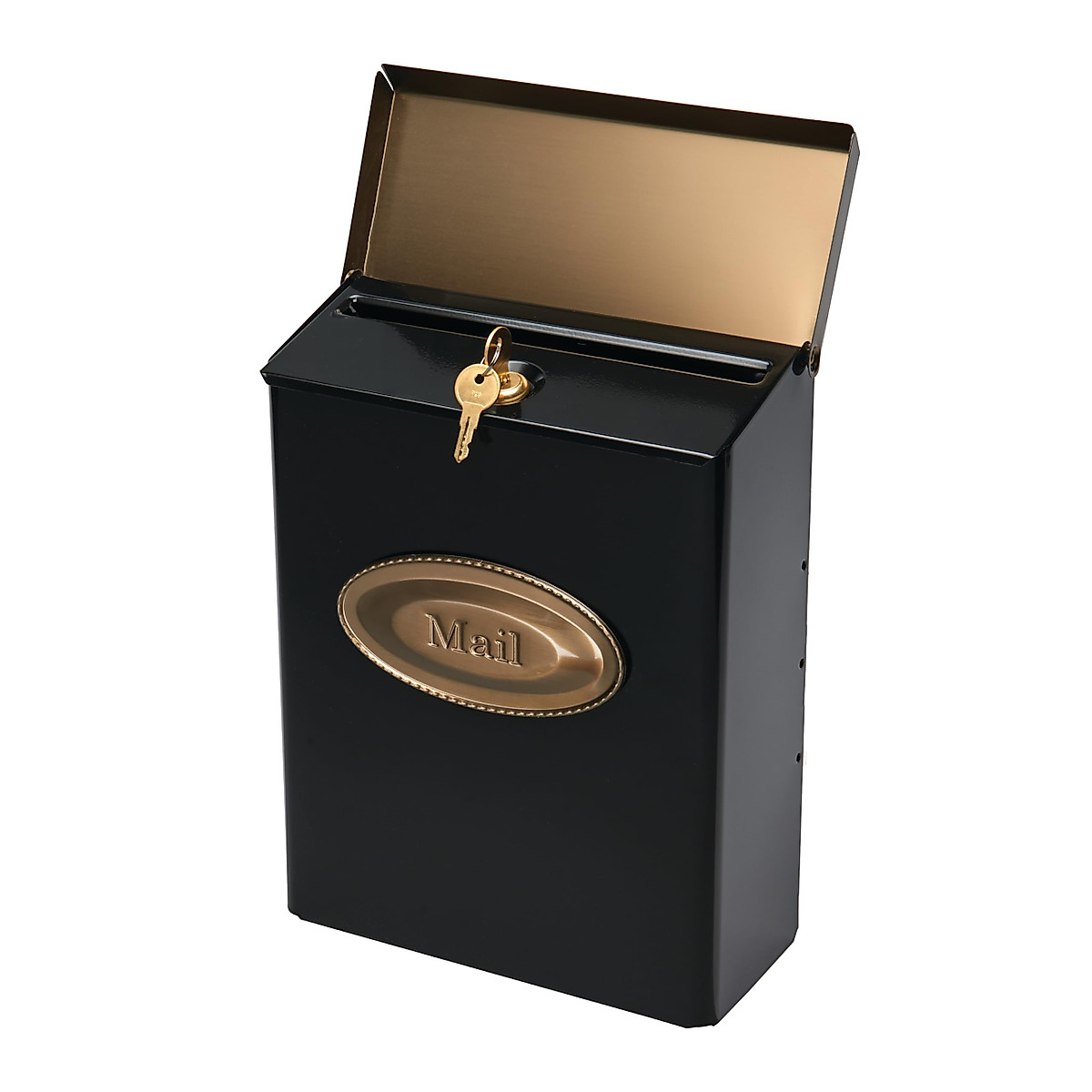 Architectural Mailboxes Designer Galvanized Steel, Locking, Wall Mount Mailbox, DVKGB00AM, Black & Brushed Brass, Medium Capacity