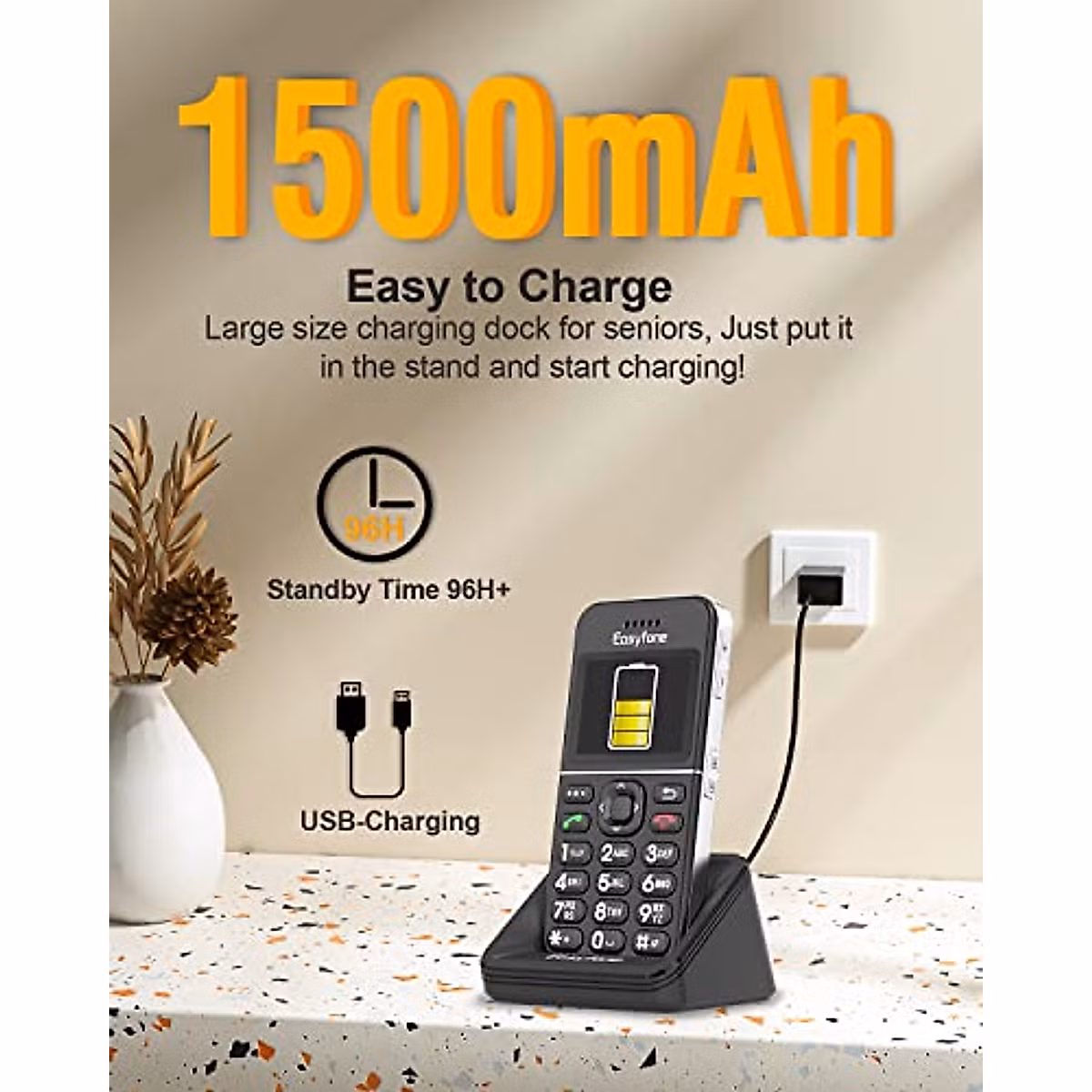 Easyfone T100 4G Unlocked Feature Cell Phone for Seniors | Easy-to-use | Clear Sound | Big Buttons | 2.0'' HD Display | SOS w/GPS | SIM Card & Flexible Data Plans | 1500Mah Battery and Charging Dock