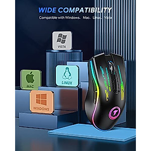 TECURS Gaming Mouse Wireless Gaming Mouse,USB Optical Computer Mouse Mice with 5 LED Lights,Rechargeable Gamer Mouse,4800 DPI for Laptop PC Gamer Desktop Chromebook Mac,Black