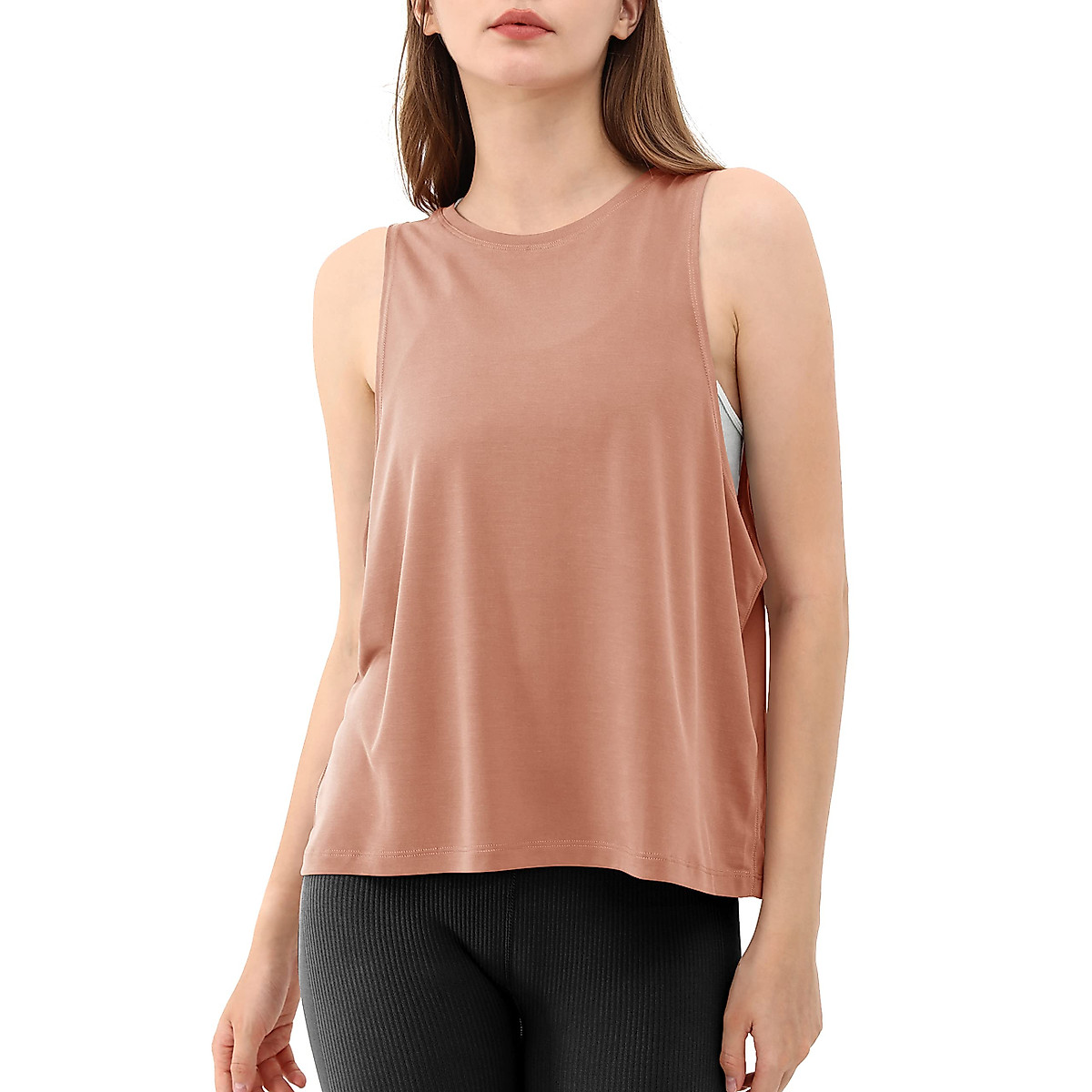 ODODOS 3-Pack Loose Tank Tops for Women Sleeveless Casual Athletic Workout Yoga Shirts, Crepe Pink, Dark Blue, Dark Grey, Medium