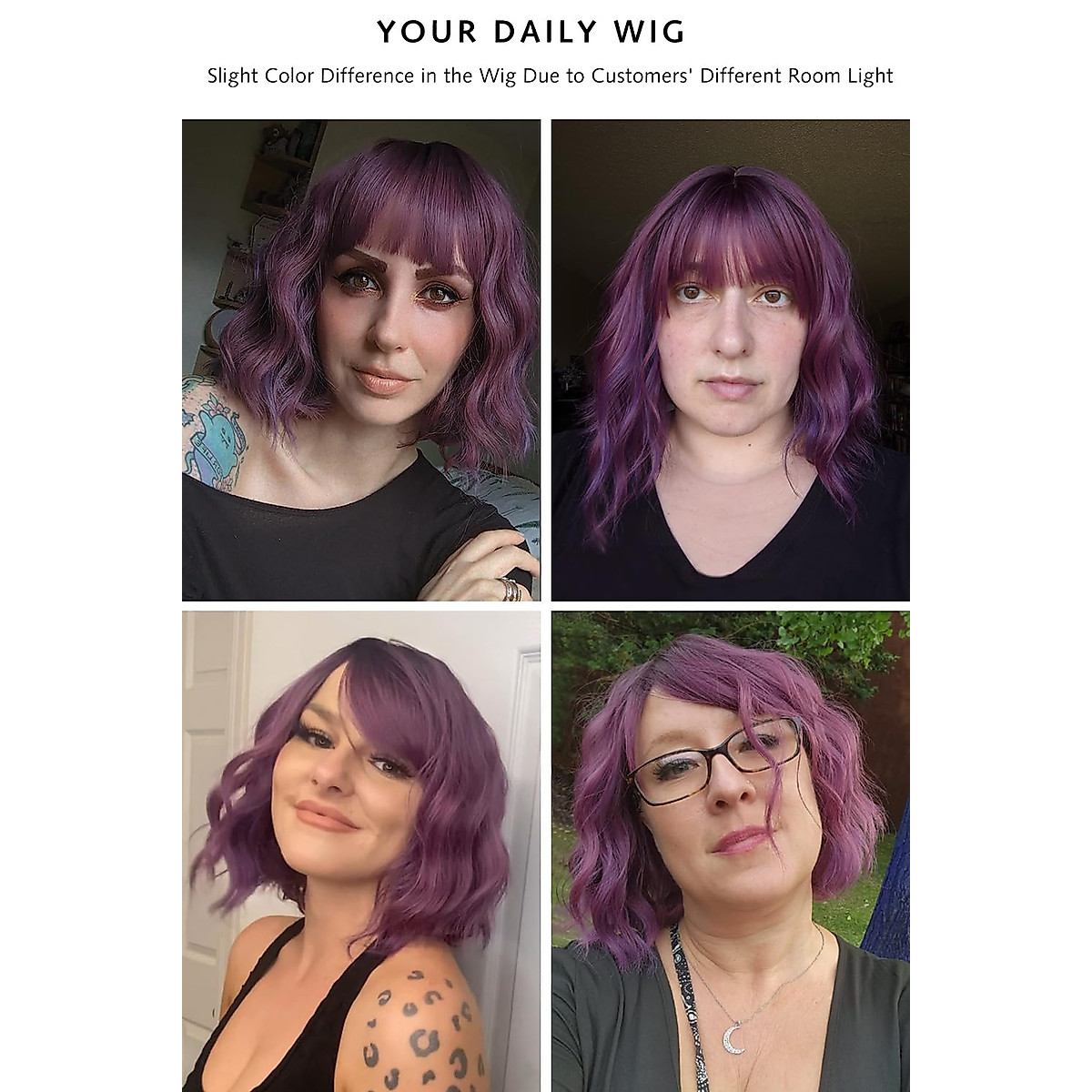 Rose bud Wavy Bob Wig with Bangs Natural Ombre Purple Wig Synthetic Hair Shoulder Length Short Curly Wigs for Women