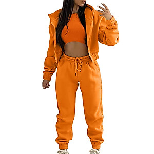 sumensumen Sweatpant and Sweatshirt Set for Women,Two Piece Outfits-Hooded Tracksuit Loungewear Sweatsuit with Pockets Orange,Small
