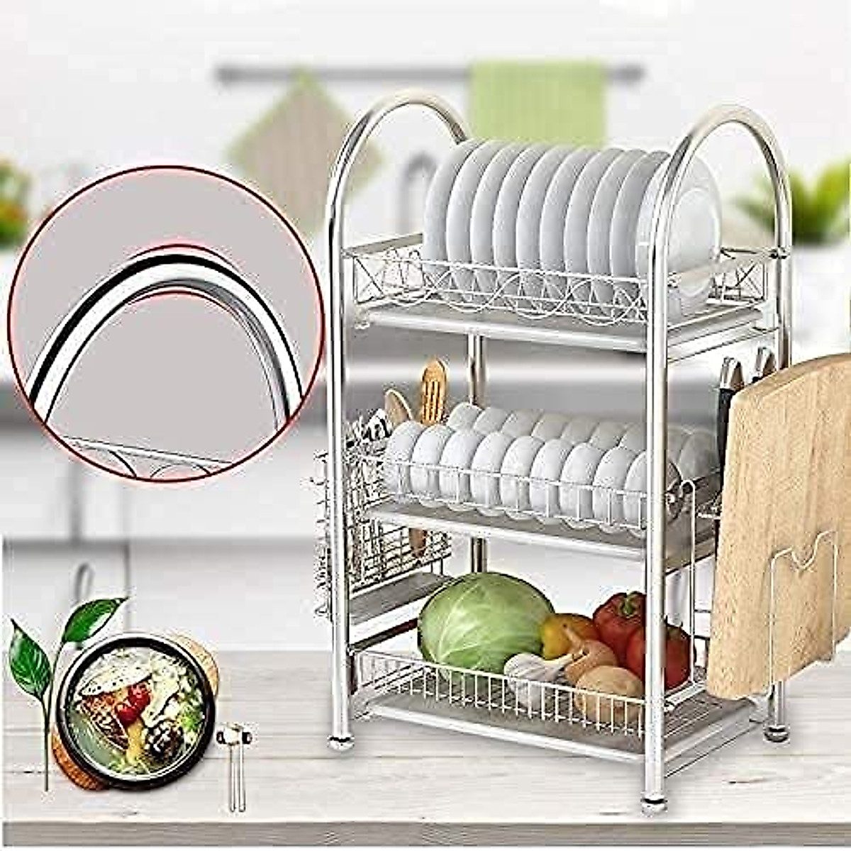 Plate Rack Dish Drainer Rack Drainer Holder Organization Shelf Kitchen Stainless Steel Utensil Chopping Board Holder with Drain Pan Plate Holder (Color : Silver, Size : 3-Tier)