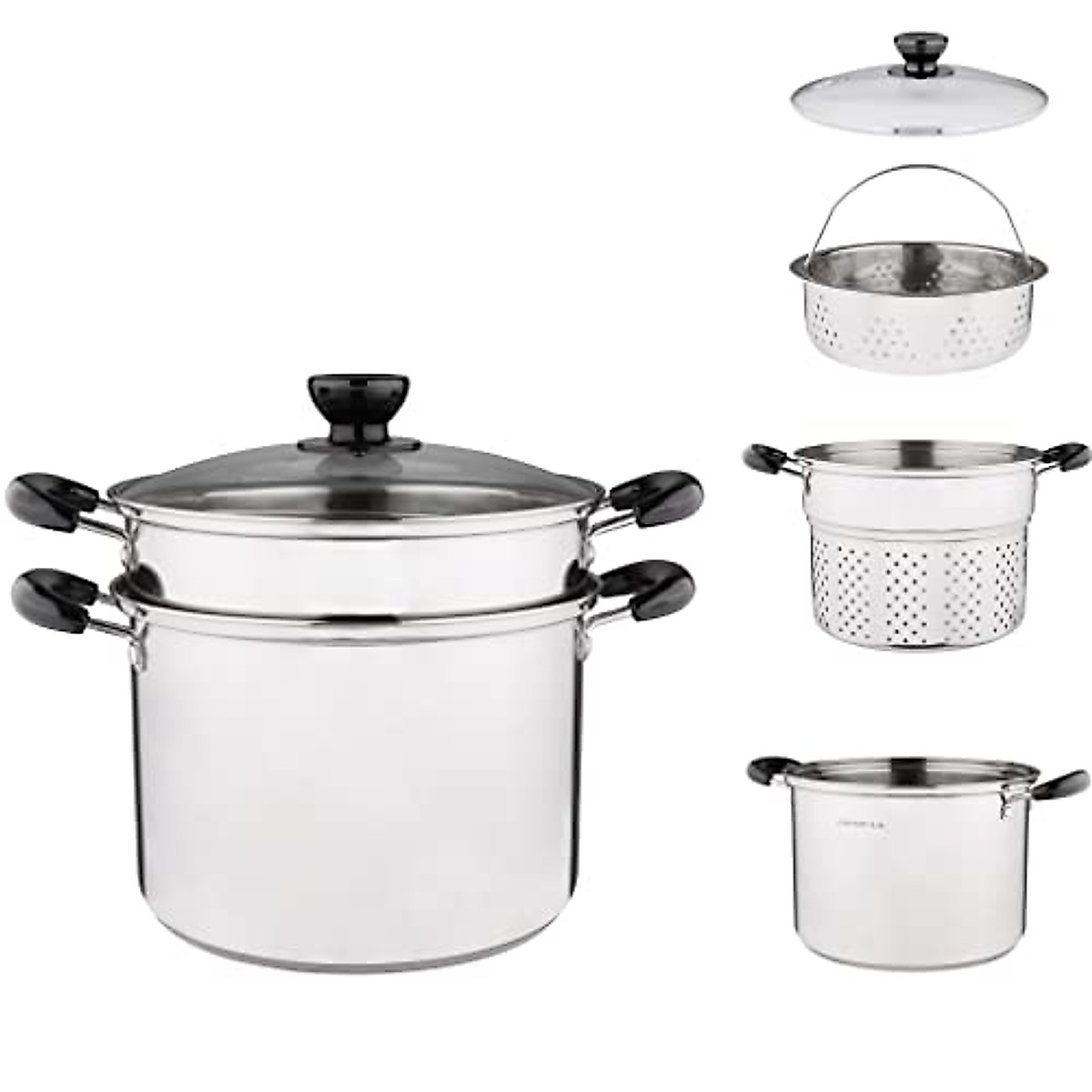 Lake Tian Stainless Steel Pasta Pot With Strainer Insert 4pc 10 Quart, Steamer for cooking, Spaghetti Pot, Stock & Pasta Pots Multipots, Steamer Set With Basket With Lid, Induction Compatible