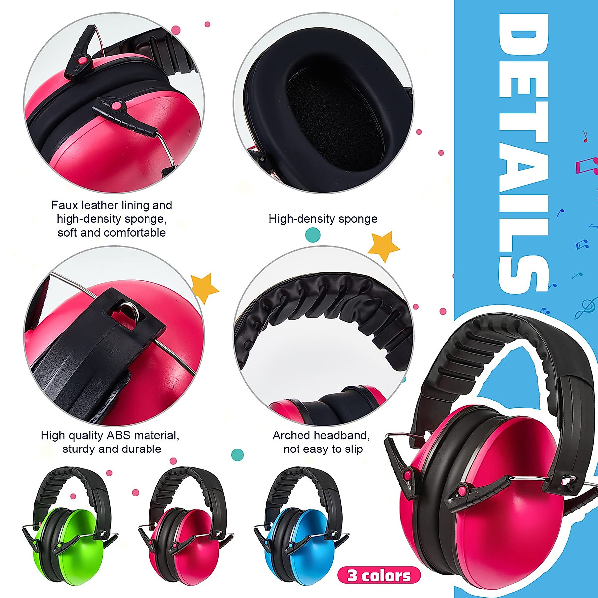 Amylove 6 Pcs Kids Ear Protection Headphones 27db Noise Reduction Adjustable Earmuffs for Autism Sensory Toddler Children(Green Pink Blue,Novel Style)