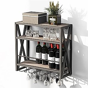 Bigbiglife Wine Racks Wall-Mounted Wine Racks with Storage Shelf, Brown Industrial Style Wall Mounted Wine Racks, Wall Wine Racks with Bottle Holder