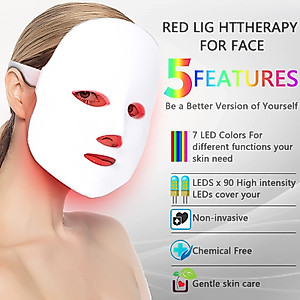 Spardar Led Face Mask Light Therapy, 7 Led Light Therapy Facial Skin Care Mask for Mask Therapy Facial - Anti-aging - Wrinkle Reduction - Skin Tightening and Spot Control Skin Care Beauty Mask