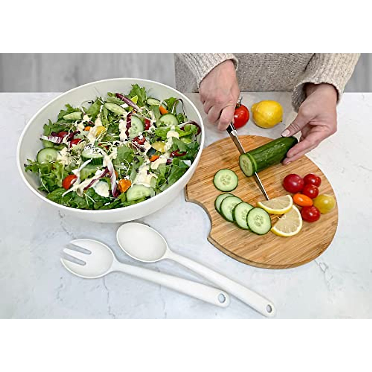 Clean Dezign 11.5" Large Salad and Serving Bowl with Bamboo Wood Lid and Servers Set - Bamboo Fiber Mixing Bowl and Utensils with Wooden Cutting Board Top (Large, Natural White)