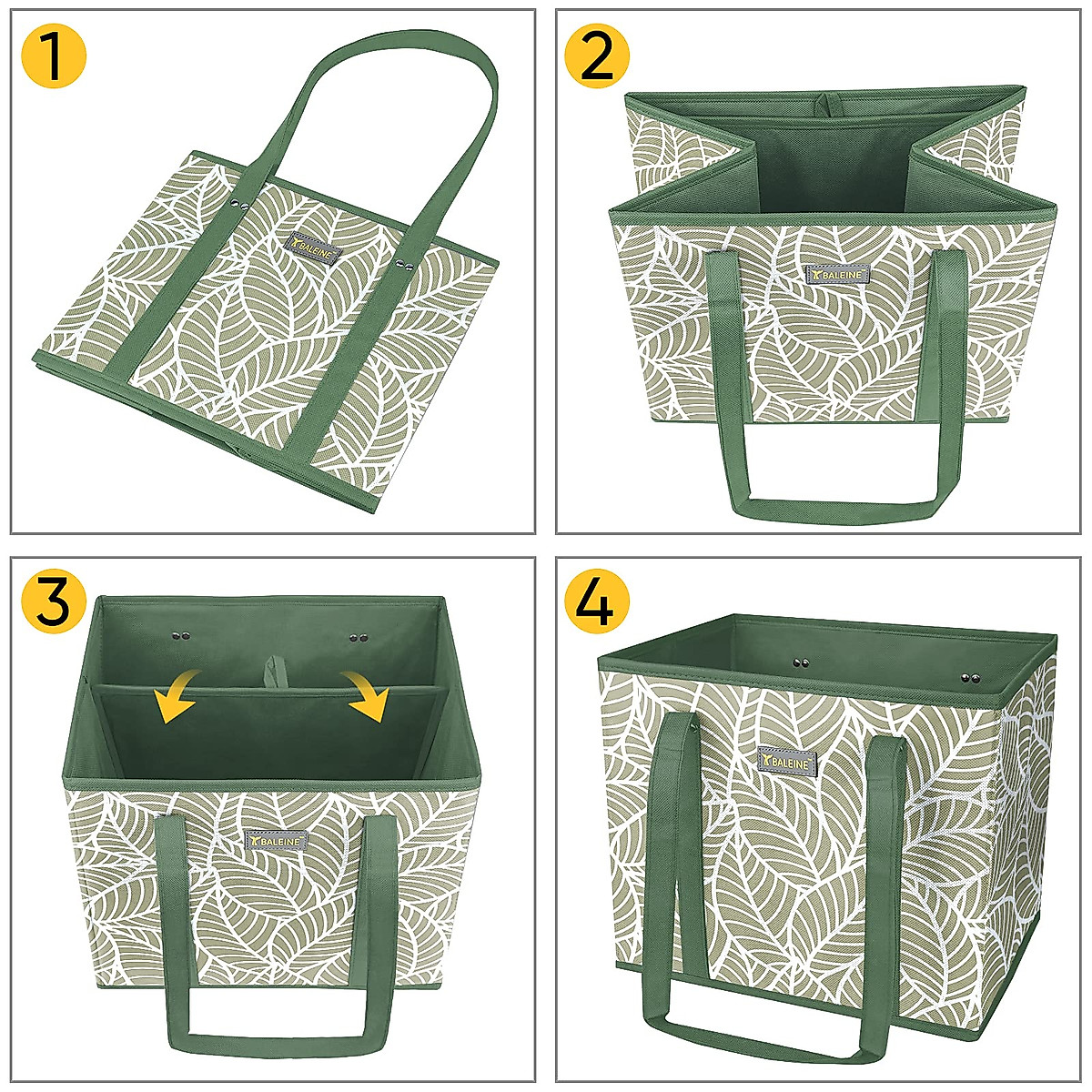 BALEINE 3Pk Reusable Grocery Bags, Foldable Shopping Bags for Groceries with Reinforced Bottom & Handles (Antique Foliage)