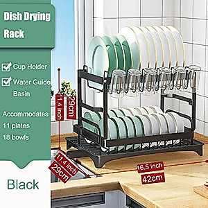 Hovshelf Dish Racks for Kitchen Counter, Dish Drying Rack with Drainboard, 2 Tier Dish Drainers for Kitchen Counter(Black)