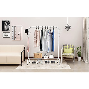 HILI Clothing Garment Rack with Wheels, Metal Clothes Stand Rack with Shoe Storage Rod, Sturdy Steel Frame Coat Rack for Indoor, Laundry, Bedroom(White)