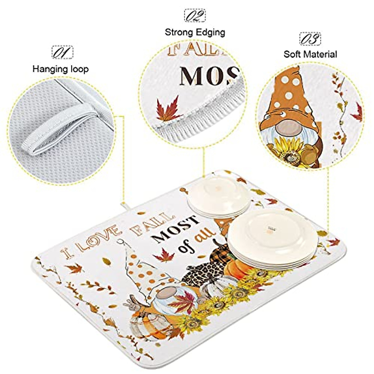 Kcldeci Autumn Fall Gnome Dish Drying Mat Kitchen Drying Pad Sunflower Pumpkin Dish Draining Mat Dish Rack Drainer Pad 18 x 24