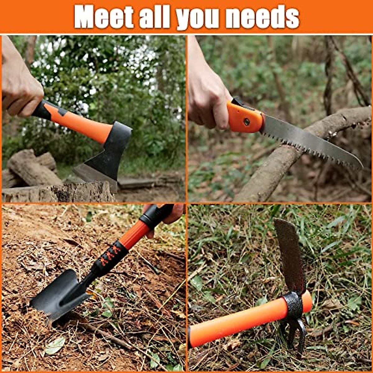 4 Piece Garden Tool Set A Hand Trowel, Transplanter, A Hoe and Cultivator Combo, Folding Saw Ergonomically Shaped Fiberglass Handle Design Shock-Absorbing Non-Slip Ideal for Campers, Hikers