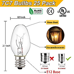 25 Pack Clear Night Light Bulbs, 7 Watt Salt Lamp Light Replacement Bulbs, Plug-in Incandescent Night Light Bulbs, E12 Candelabra Base, 120 Volt